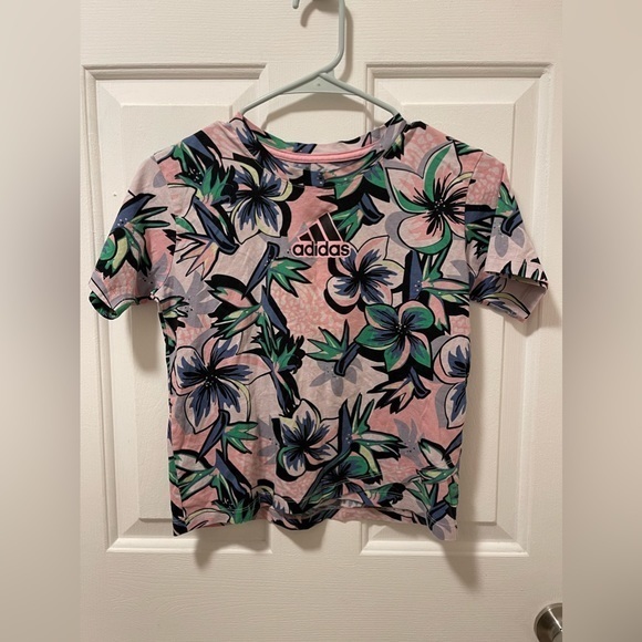 adidas | Shirts & Tops | Adidas Girls Medium 12 Pink Hibiscus Tee Shirt ...
